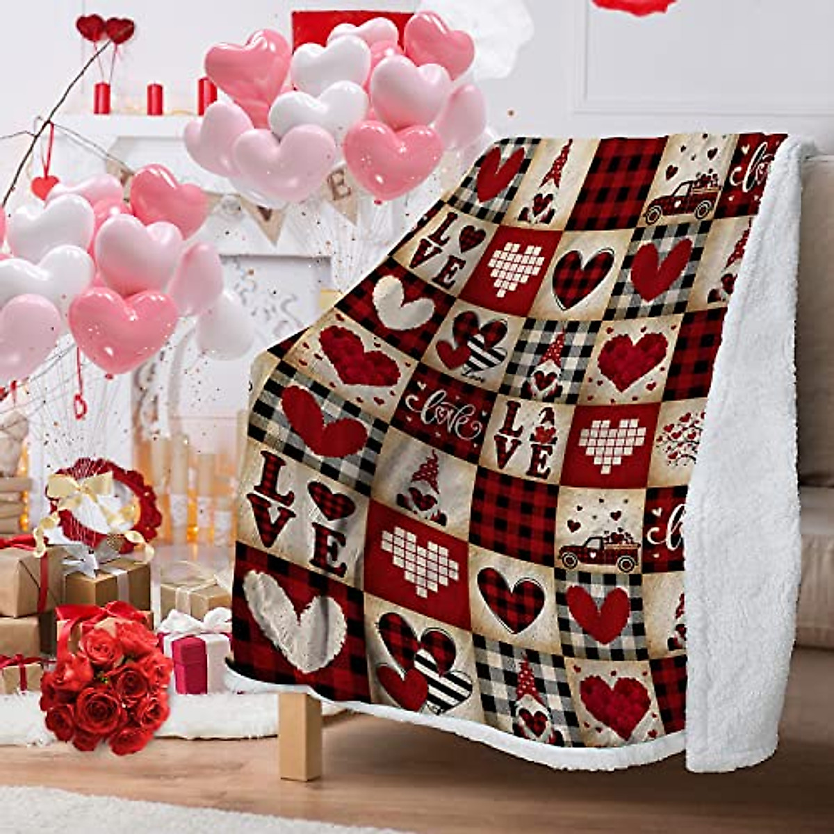 Sherpa Throw Blanket Red Buffalo Plaid,Soft Cozy Blankets Love Gnome Mother's Day,Romantic Thick Reversible Fleece Flannel Plush Microfiber Throws for Couch Bed Sofa Wedding