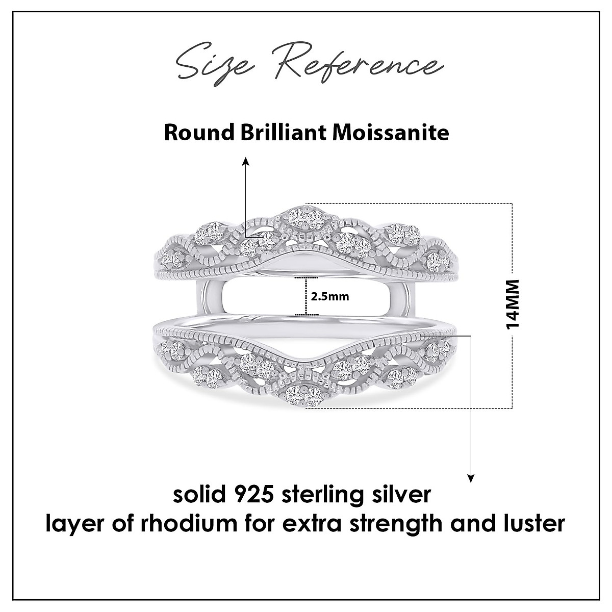 Wishrocks 1/5 Carat Round Moissanite Diamond Vintage Style Ring Guard Solitaire Enhancer Wrap for Women 14k White Gold Over 925 Sterling Silver (0.20 Cttw, Clarity-VVS1) Gift Jewelry -5.5