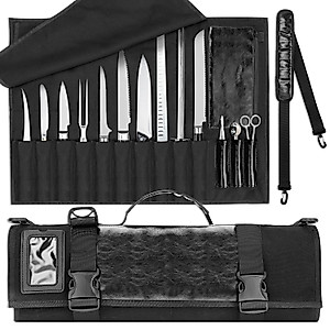 SWISSELITE Chef Knife Roll Bag, Heavy Duty Canvas & Leather Chef Knife Bag, 10 Slots for Knives with Detachable Storage Bag