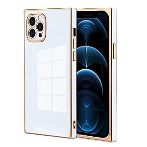 OOK Compatible with iPhone 13 Pro Max Case Square Cute Gold Plating Reinforced Corners Soft TPU Edge Slim Full-Body Shockproof Protective Case Cover for iPhone 13 Pro Max 6.7 Inch - White