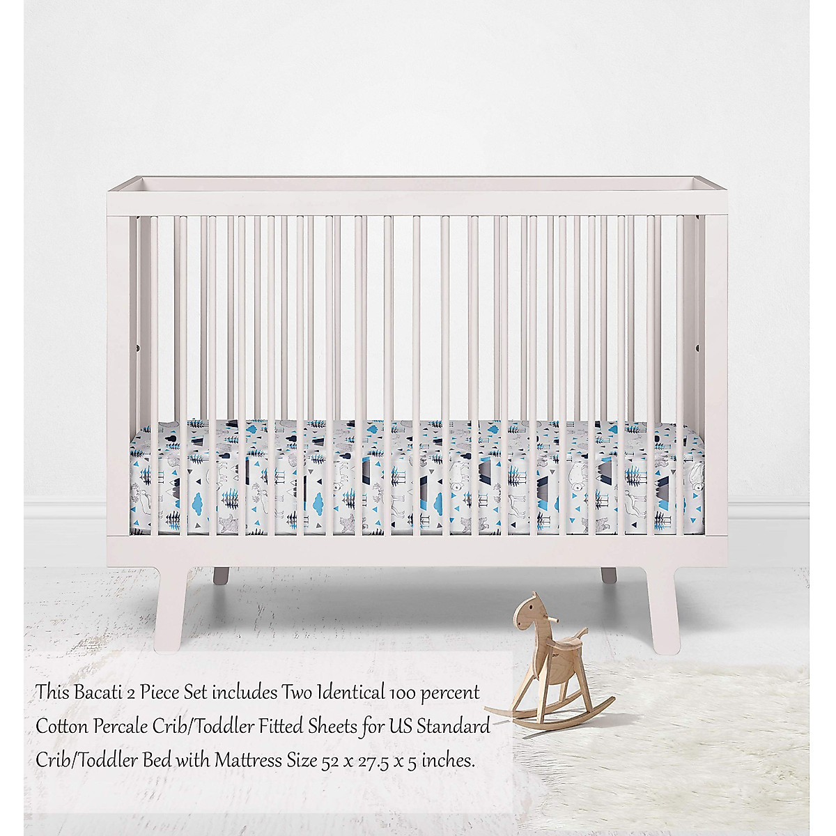 Bacati - 2 Pack Woodlands Bears Bison Owls Printed Boys 100% Cotton Universal Baby US Standard Crib or Toddler Bed Fitted Sheets (Aqua/Navy/Grey)