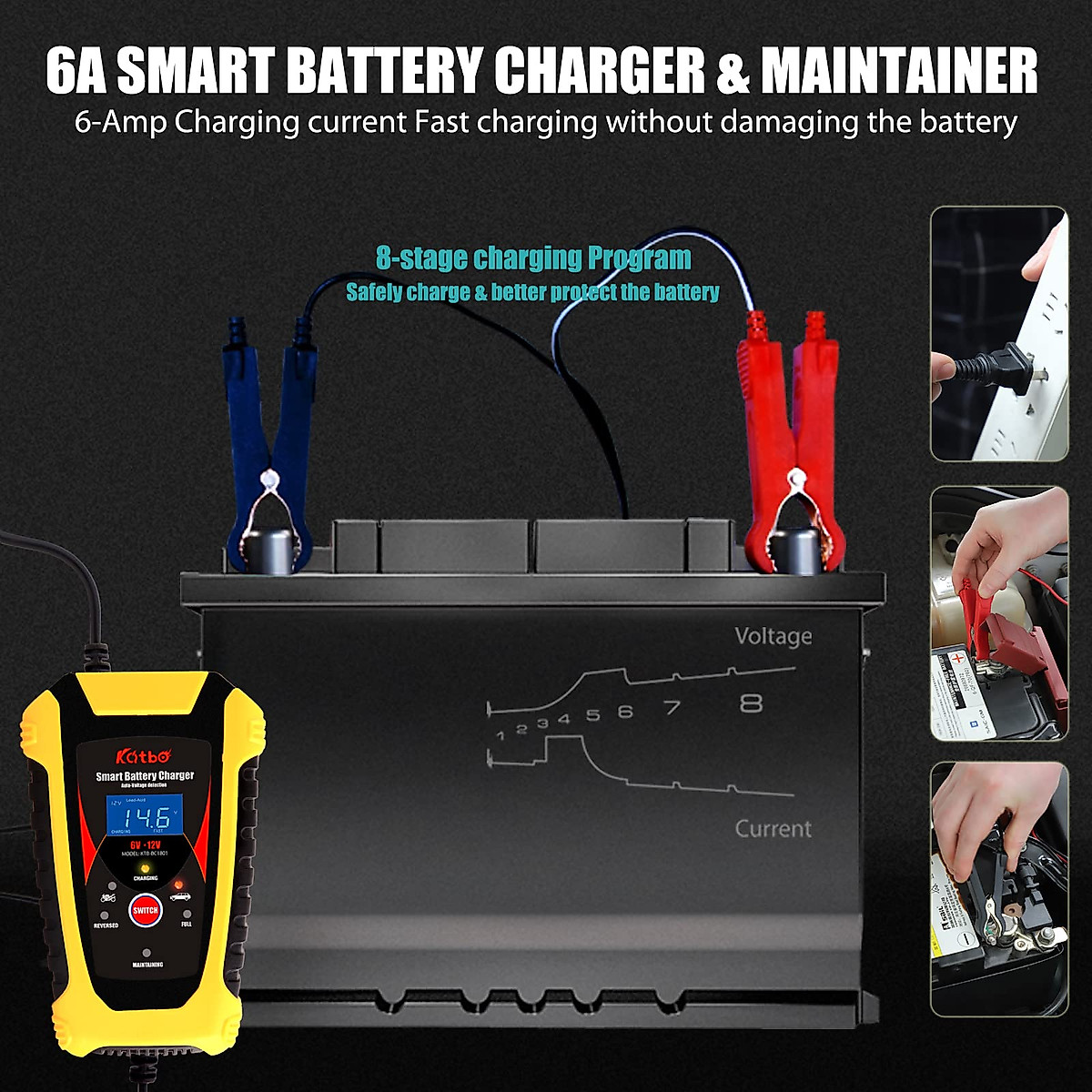 KATBO Battery Charger 12V 6A 6 Volt 2A Trickle Battery Charger Maintainer Float Charger for Motorcycle Car Boat Marine Lawn Mower ATV Toy Lead Acid,AGM, Gel,STD,SLA (Yellow)