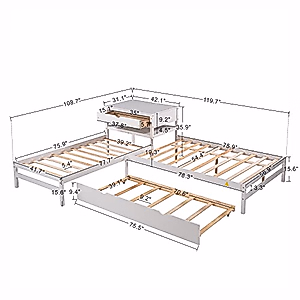 L-Shaped 2 Beds Twin Size & Full Size with Trundle Wood Platform Beds for 3 People Corner Bed Frames with Table for Kids Teens Adults, White