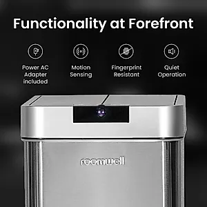 roomwell Automatic Trash Can Kitchen 13+ Gallon - Stainless Steel Garbage Can Touchless with Motion Sensor Lid and Infrared Light with AC Power Adapter (Limitted Edition 2.5 Gallon)