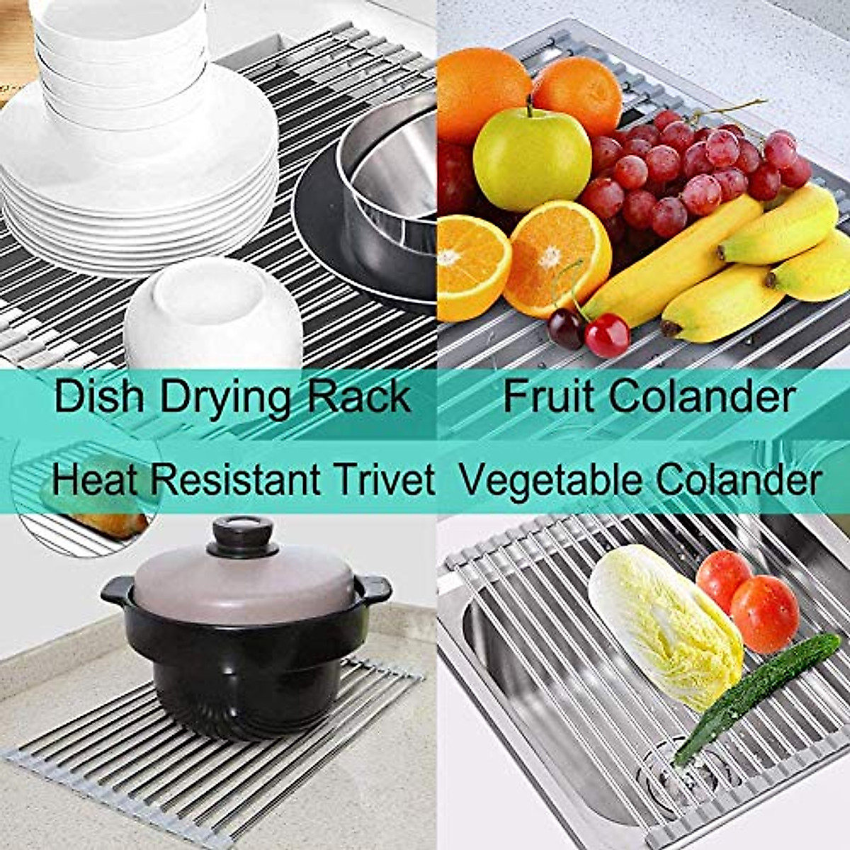 EC ELEGANTCHARM Roll Up Dish Drying Racks, Over Kitchen Sink Counter Rv Wide 17.5" x 16" Rollup Dish Rack, Foldable Stainless Steel Multipurpose Heat Resistant Rolling Dishes Drainer