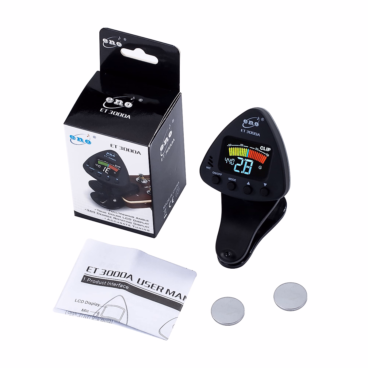 ENO MUSIC Stable Quality Big LCD Display Easy to Read Auto Clip-on Acoustic Electric Guitar Tuner Bass Tuner with Ukulele Violin Chromatice Tunning Mode