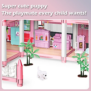 deAO Doll House Dollhouse - 3 Story 9 Rooms Pink DIY Pretend Play Building Playset, Dollhouse Asseccories and Furniture,Gift for 6 7 8 9 Girls Toddler