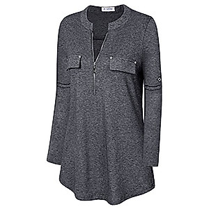 Bulotus Women's Zip Front Long Sleeve Loose Fit Tunic Blouse Casual Top,Grey,Large