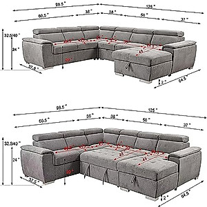 125"w U-Shaped Oversized Modular Sectional Sofa with Pull Out Sleeper Bed Adjustable Headrest and Right Storage Chaise Lounge,Convertible Upholstered Tufted Cushion 7-Seat Sofá&Couch for Large Space