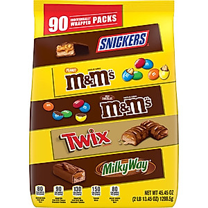 M&M'S Milk Chocolate, M&M'S Peanut, SNICKERS, TWIX & MILKY WAY Individually Wrapped Bulk Variety Pack Chocolate Candy Assortment, 45.45 oz, 90 Pieces Bag