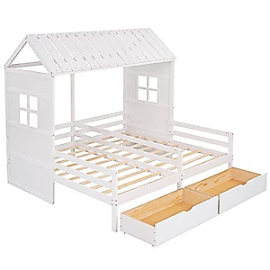 ODC Double Twin Size House Beds with 2 Drawers Solid Wood House Bed Frame for 2 Kids, Tent Bed for Boys Girls Teens Bedroom with Storage,Roof, Windows, Guardrail, 2 in 1 Bed No Box Spring Needed