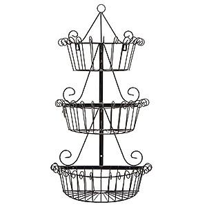 MyGift Wall Mounted Black Metal Fruit Basket, 3 Tier Hanging Shelf Produce and Vegetable Storage Rack with Scrollwork Design
