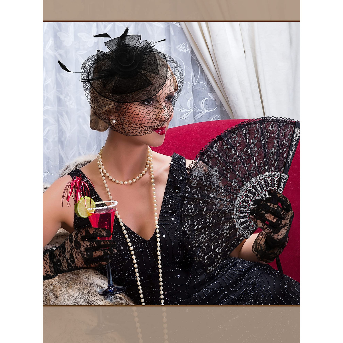 JenPen 4 Pcs Fascinator Hat for Women Tea Party Headwear Feathers Veil Mesh Headband Floral Short Lace Gloves 20s 50s Costume Accessories for Wedding Black