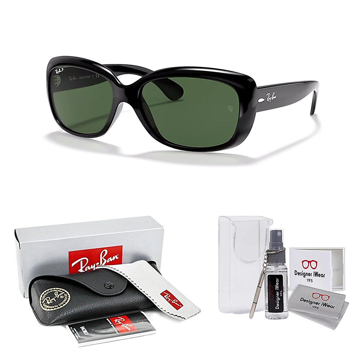 Ray-Ban RB4101 JACKIE OHH 601/58 58M Black/Green Polarized Rectangular Sunglasses For Women + BUNDLE with Designer iWear Care Kit