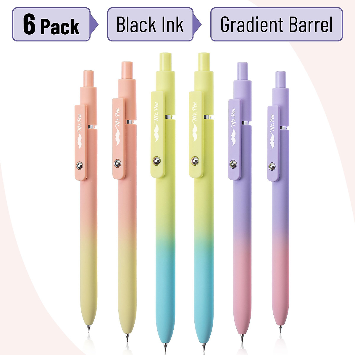 Mr. Pen- Retractable Gel Pens, 6 Pack, Gradient Color Barrels, Black Gel Pens, Fast Dry, Gel Pens Fine Point 0.5mm, Retractable Pens, Cute Pens, Gel Ink Pens, Aesthetic Pens for Journaling