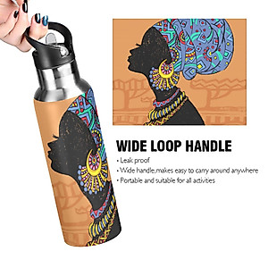 Ethnic African Woman Water Bottle with Straw Lid Leakproof Kids Insulated Stainless Steel Water Flask Thermos Bottle for Sport Gym Outdoor 20 oz