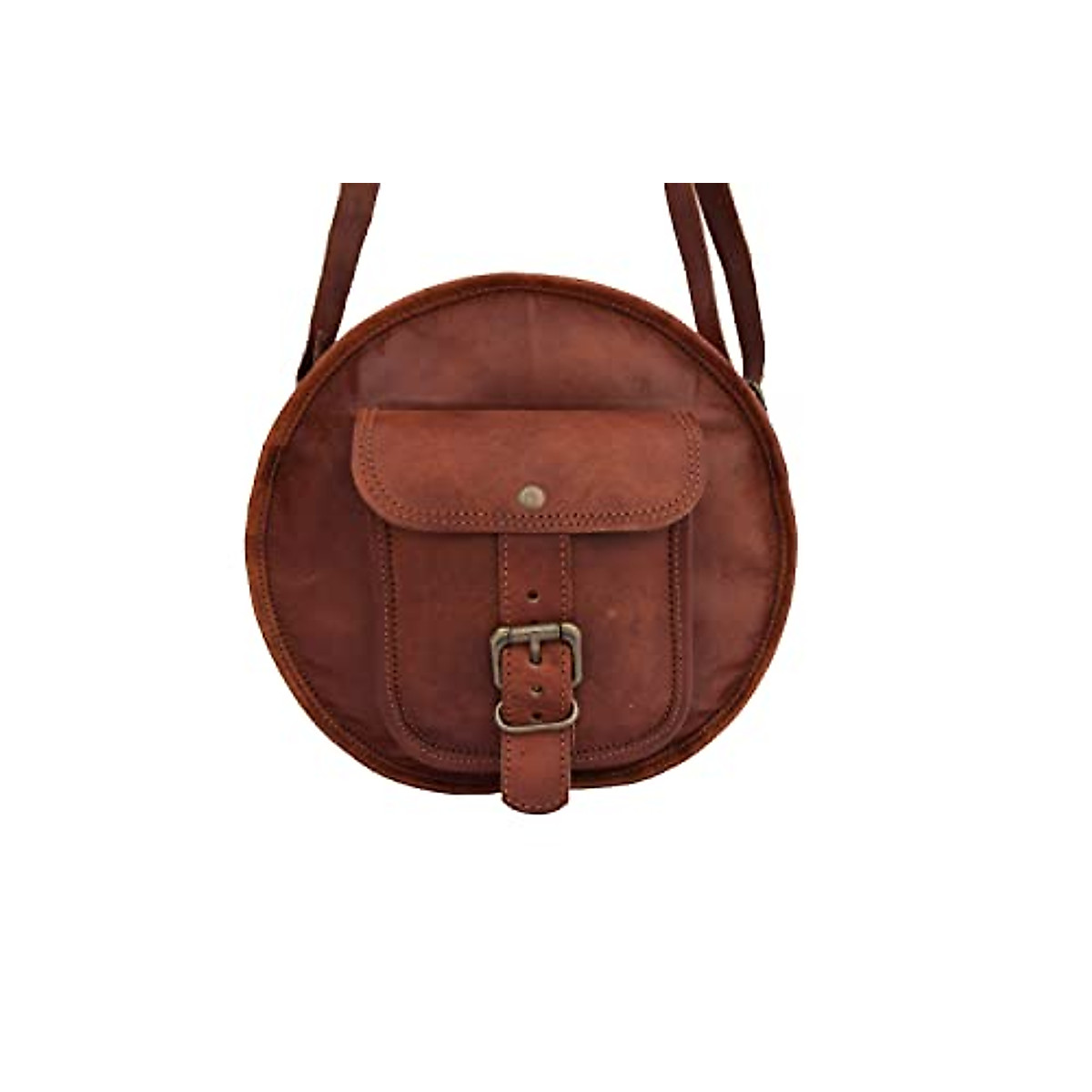 Vintage Leather Crossbody Bag Women/Teen Girls Satchel Handbag Round Messenger Sling Bags, 10 Inch Small