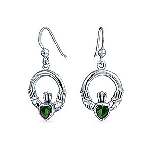 Friendship BFF Simulated Green Emerald CZ Heart Circle Irish Love Symbol Celtic Claddagh Dangle Earrings For Women Girlfriend Oxidized .925 Sterling Silver Fish Hook