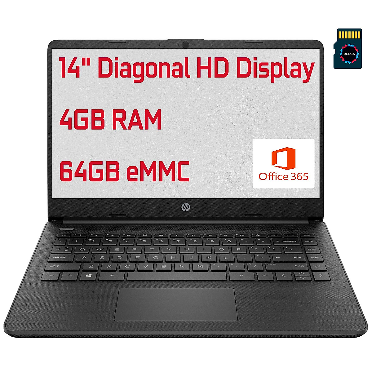HP Steam 14 Premium Business Laptop Computer 14" Diagonal HD Display Intel Celeron N4020 4GB RAM 64GB eMMC HDMI Office 365 USB-C Webcam Win 10 (Jet Black) + 16GB Micro SD Card
