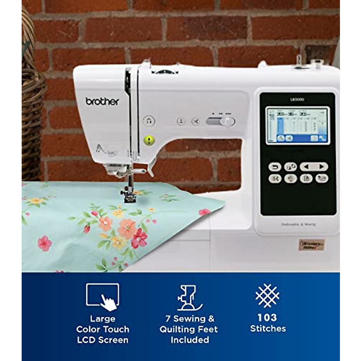 Brother LB5000 Sewing and Embroidery Machine, 80 Built-in Designs, 103 Built-in Stitches, Computerized, 4" x 4" Hoop Area, 3.7" LCD Touchscreen Display, 7 Included Feet