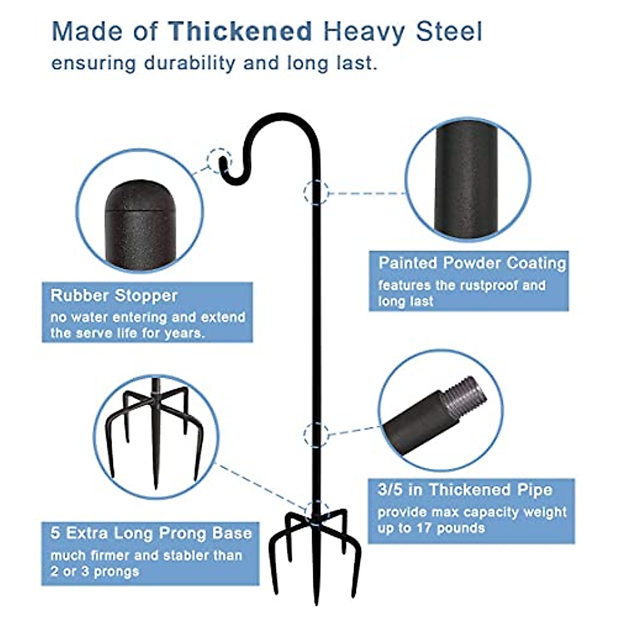 Artigarden 60 inch Outdoor Shepherd Hook with 5 Prong Base (2 Packs), Adjustable Heavy Duty Garden Hanging Stake for Bird Feeder Solar Light Plant Hanger Wedding Decor, Matte Black