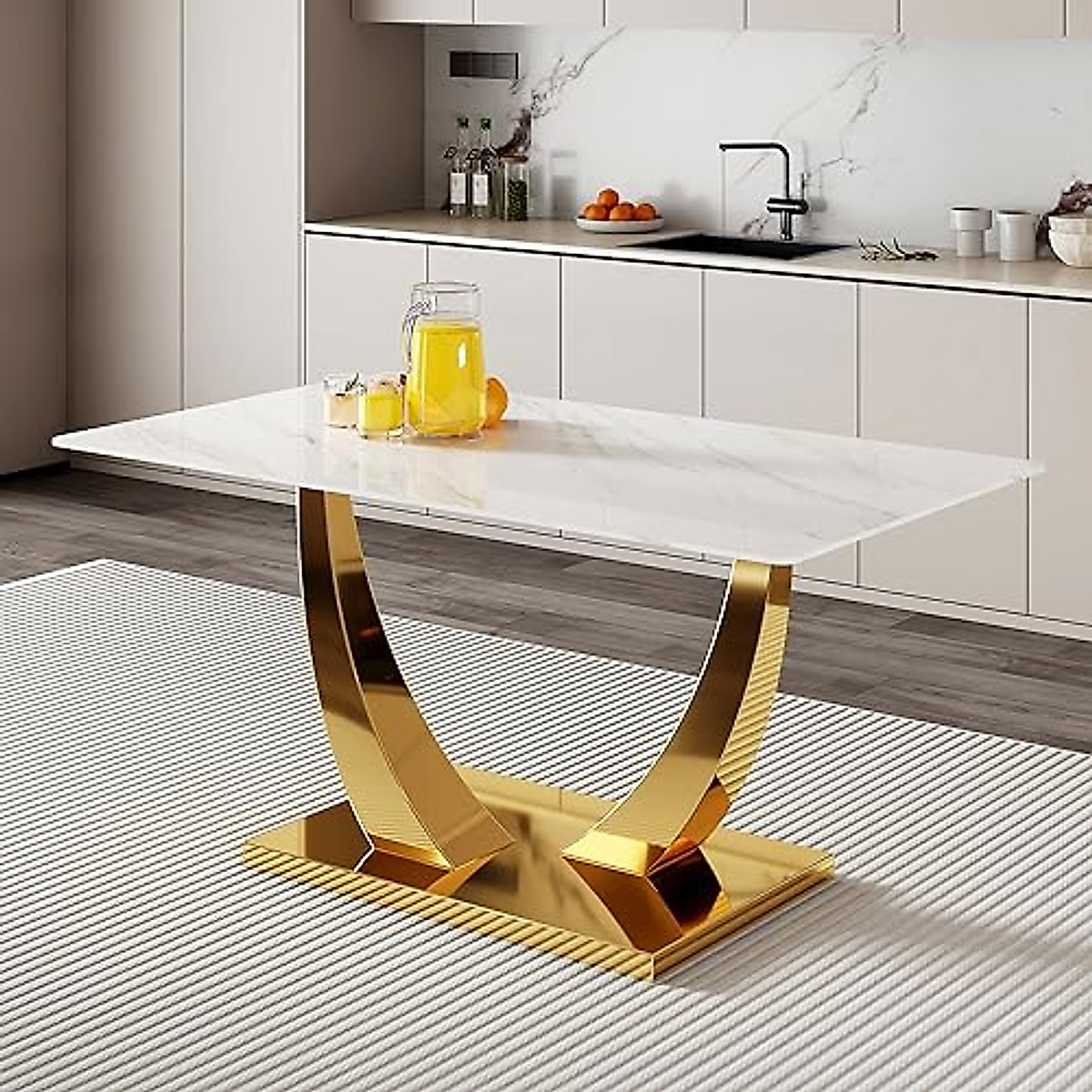 Goderfuu Glass Dining Table for 6 People, 63 inch Modern Kitchen Table with Gold Metal U-Base, White Marble Textured Glass Dining Table Pedestal Dinner Table, Faux Marble Dining Table for Dining Room
