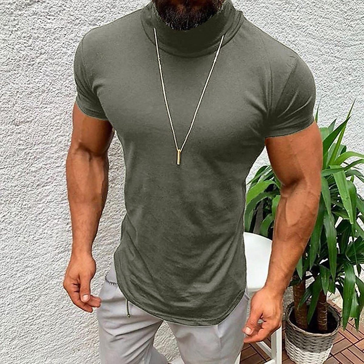 Shirt for Men Turtleneck Solid Short Sleeve Tops Blouse Casual Spring Summer Cotton Blend Shirts