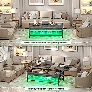 Aheaplus Coffee Table, Lift Top Coffee Table with LED Light and Power Outlet, Modern Lift-Top Table with Storage Shelf, Center Table for Living Room, Lift Tabletop, X Support, Metal Frame, Black Oak
