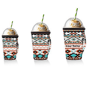 Ethnic Aztec Geometric Customize Coffee Sleeve Personalized Custom Coffee Sleeve with Handle Reusable Coffee Cover Neoprene Insulator Cup Sleeve for Hot&Cold Coffee Drink Beverages Size L for 30-32 oz