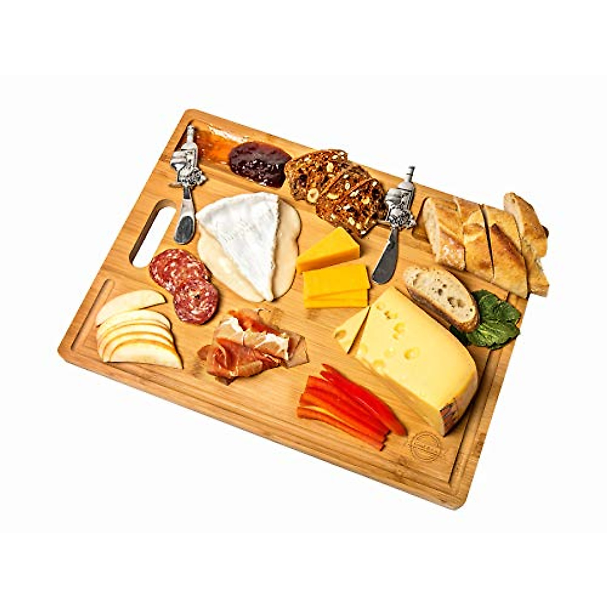 Large Organic Bamboo Cutting Board - Wooden Charcuterie Cheese Serving Platter For Kitchen - With Deep Drip Edge & Garnish Bowls - Boards Are BPA Free,16x12” - Unique Housewarming Gift Idea - Good&Co.