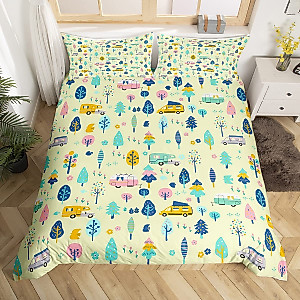 Erosebridal Camping Comforter Cover Camper Decor Duvet Cover,Camping Bedding Set Happy Glamping Trailer Queen Bed Set,Tree Leaves Flowers Boho Floral Camp Travel Car Rustic Cottage Farmhouse Decor