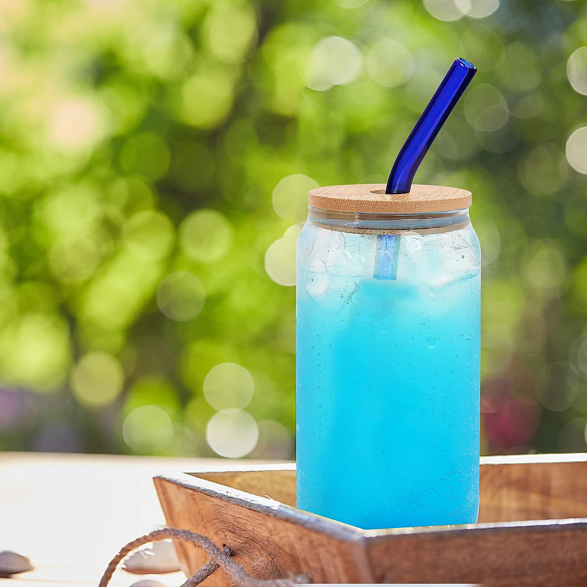 Bamboo Lids for Beer Can Glass, ANOTION Mason Jar Lids with Straw Hole, 4 Reusable Bamboo Mason Jar Drinking Lids for Regular Mouth Mason Jar with 4 Muti-Color Glass Straw for Coffee Boba Cup