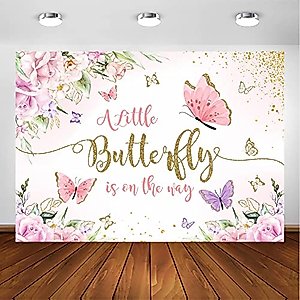 Avezano Butterfly Baby Shower Backdrop for Girl's A Little Butterfly is on The Way Princess Party Decorations Photography Background Pink and Purple Floral Gold Spots Flowers Photo Backdrops (7x5ft)