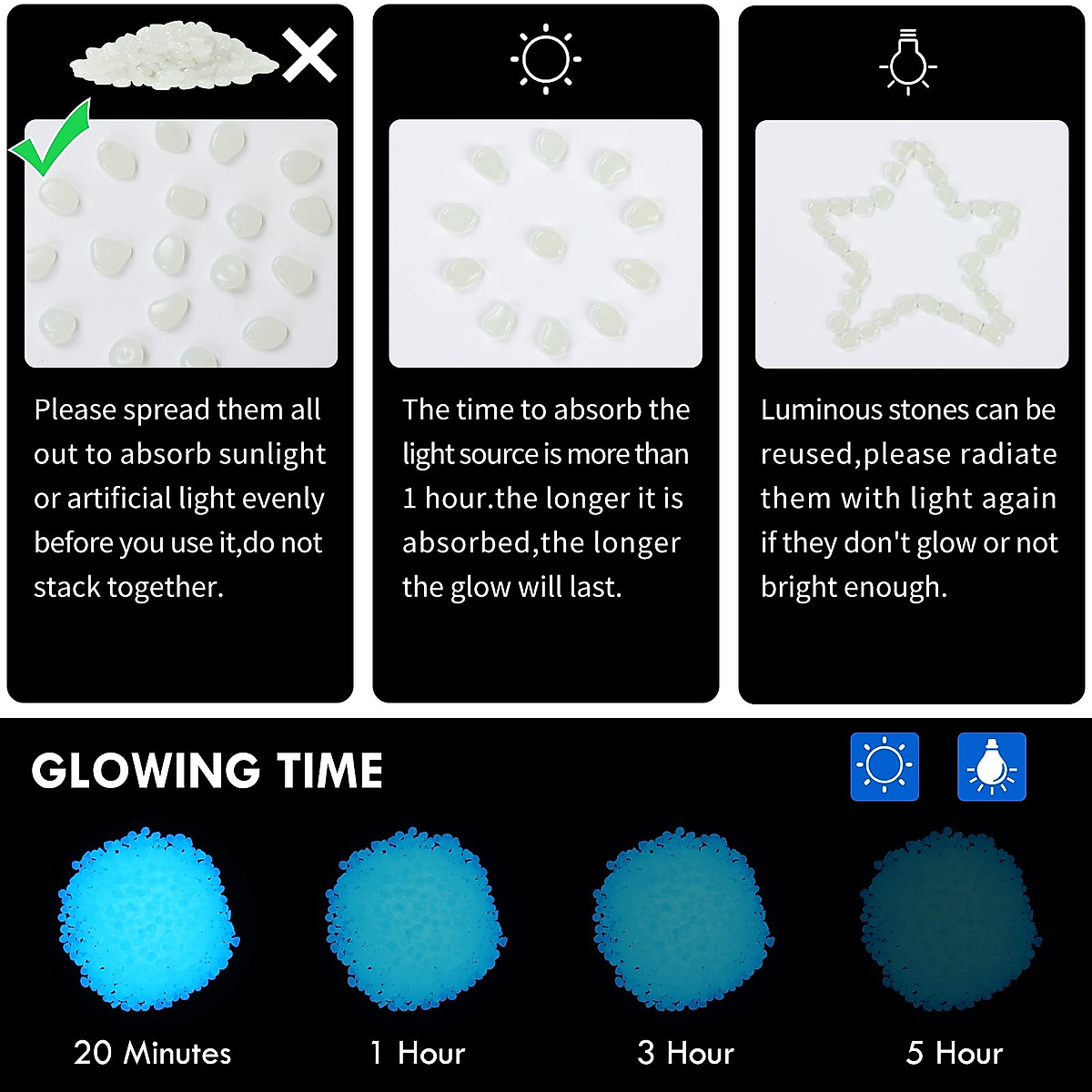 200pc Luminous Stone Glow Stones Pebbles Glow in The Dark Pebbles for Walkway Backyard Pathway Lawn Potted Plant Flower Decor,White