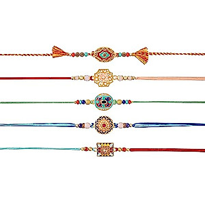 Eximious India Set of 5 Rakhi For Brother With Card Metal Pendant For Raksha Bandhan Designer Rakhi Thread for Bhaiya (Set of 5-2)