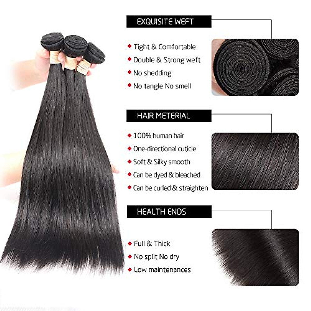 Brazilian Virgin Straight Hair 4 Bundles 14 16 18 20 Inch 100% Unprocessed Human Hair Bundles Straight Hair Extensions Double Strong Weft