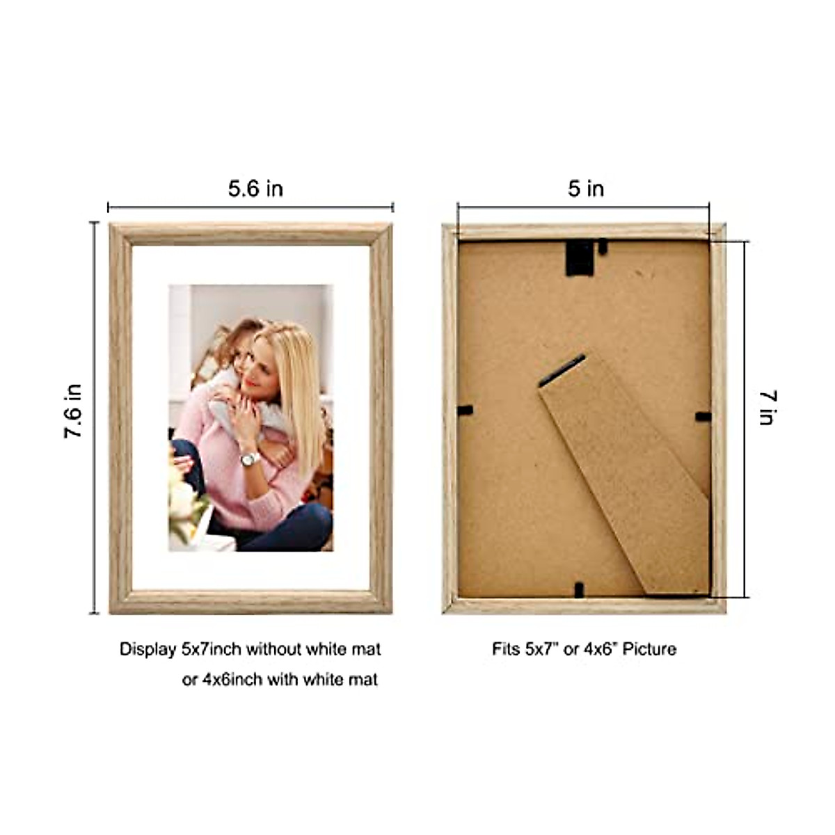 Alkerman 5x7 Picture Frame,Display Pictures 4x6 with Mat or 5x7 Without Mat, Natural Wood with High Definition Glass for Table Top Display and Wall Mounting Photo Frame