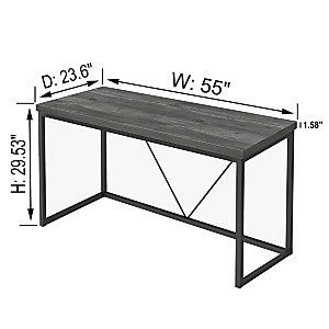 EXCEFUR 55 inch Computer Desk, Vintage Work Desk for Home Office, Rustic Wood and Metal Study Writing Table, Grey
