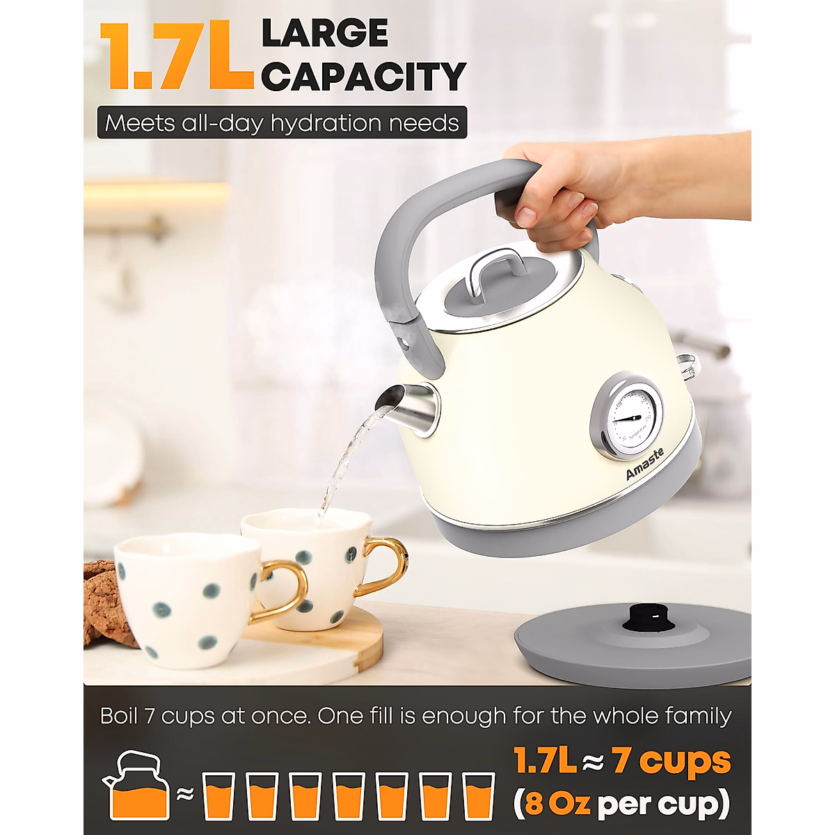 Amaste Electric Kettle, Retro Electric Tea Kettle With Thermometer, 57 Oz Hot Water Kettle For Coffee & Tea, 304 Stainless Steel, 1500w Fast Boiling, Auto Shut-Off & Boil Dry Protection, Cream White