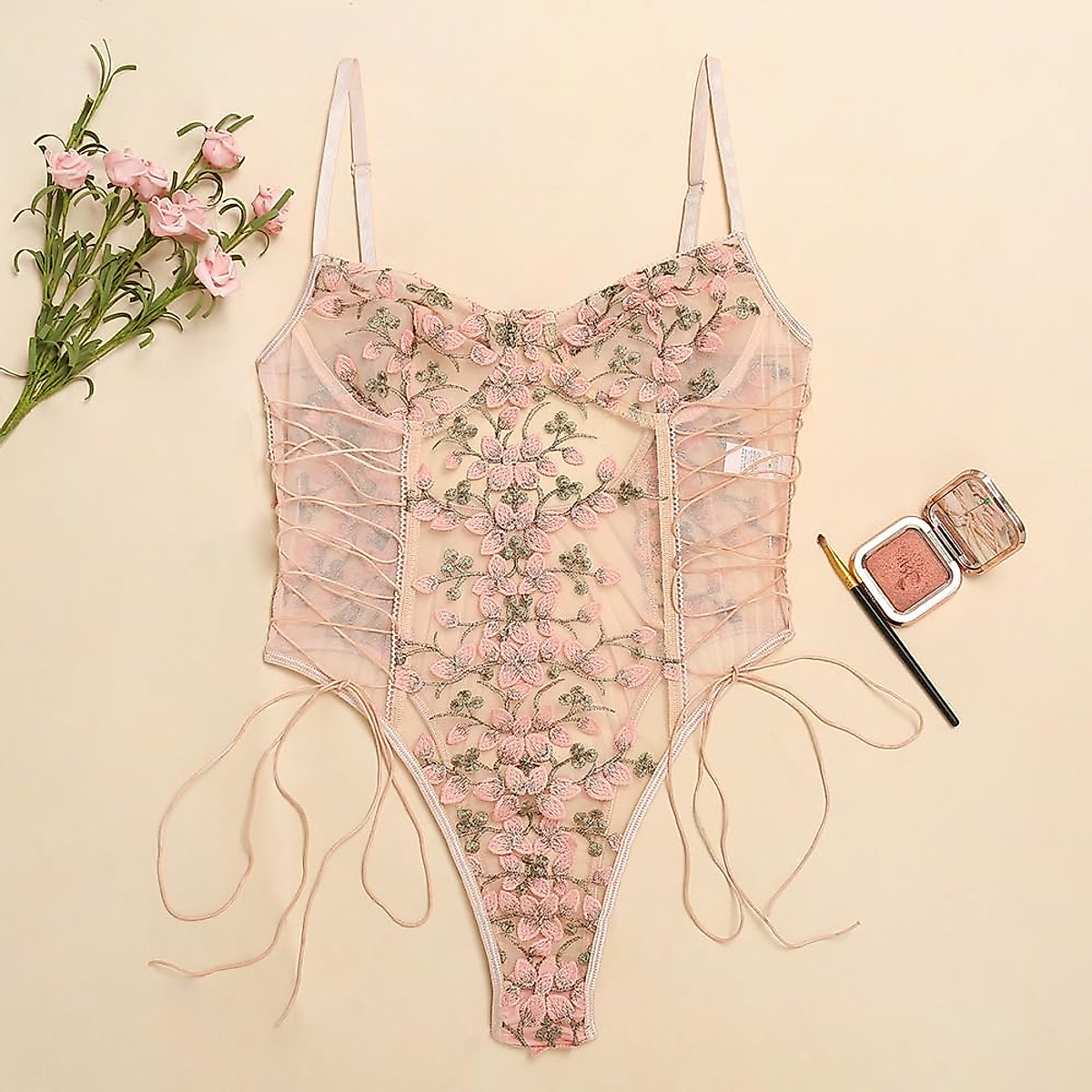 Lilosy Women Sexy Lace Up Floral Embroidered Teddy Babydoll Lingerie Bodysuit Top Mesh Sheer One Piece See Through Pink Small