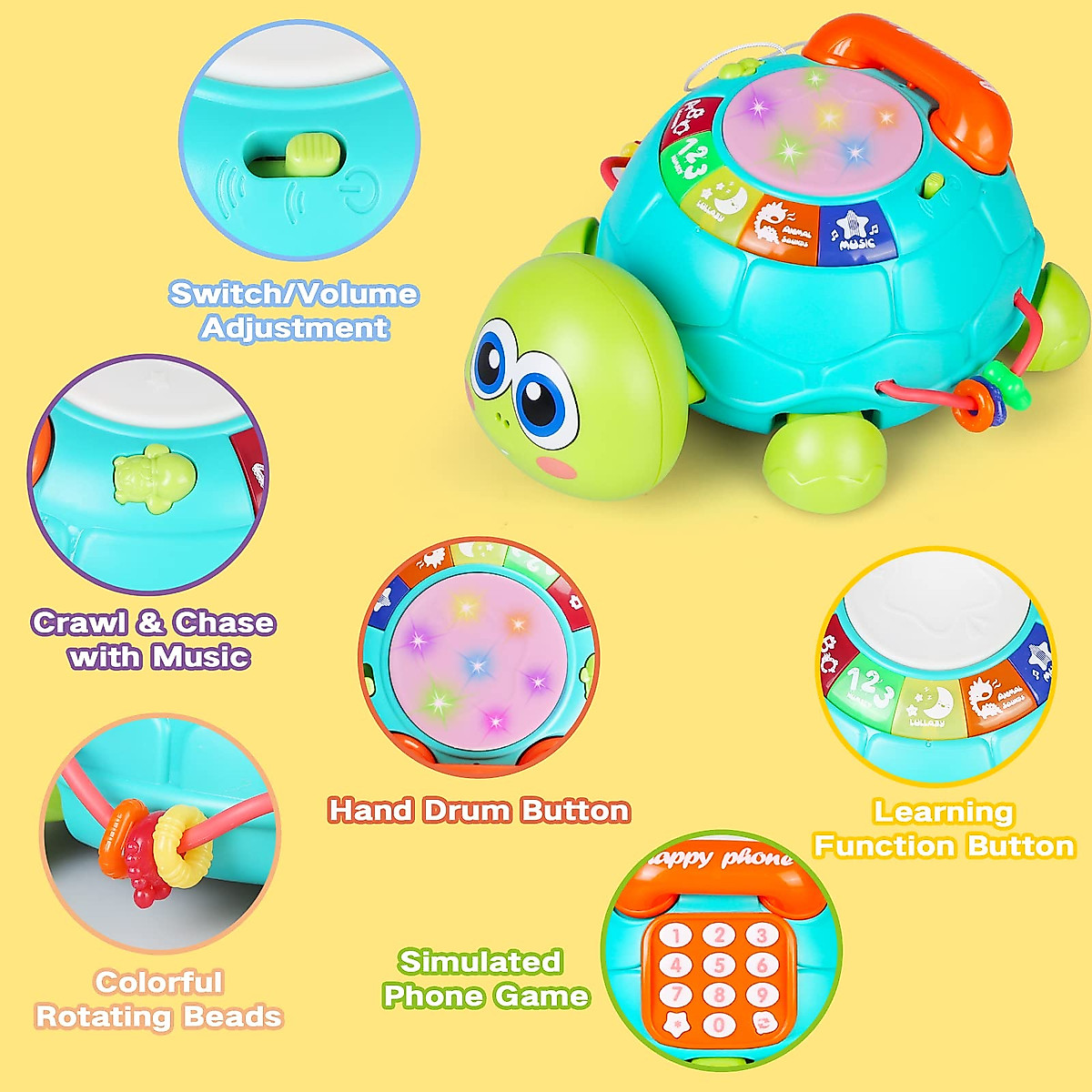 kramow Musical Turtle Toy, Early Educational Developmental Toys, Baby Learning Toy W/Lights & Sounds, Pretend Phone Call,Crawling Baby Toy
