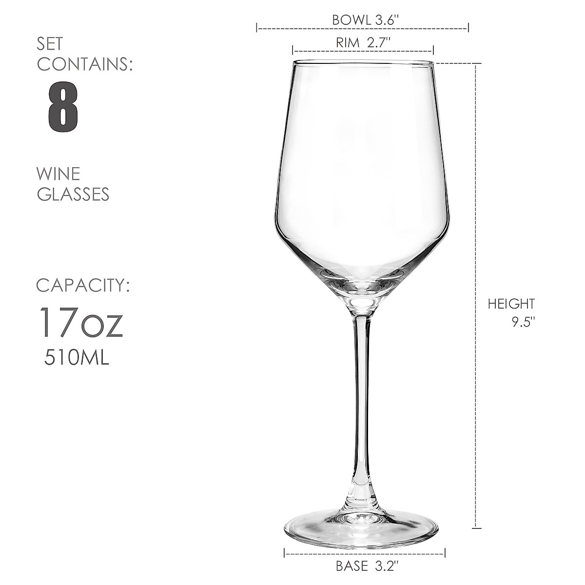 YANGNAY Wine Glasses (Set of 8, 17 Oz), Clear Wine Glasses for Red Wine, Smooth Rim, Dishwasher Safe