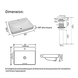 WinZo WZ6123D Drop-in Bathroom Vessel Sink Rectangular Semi-recessed Vanity Basin Included Porcelain Pop Up Drain White