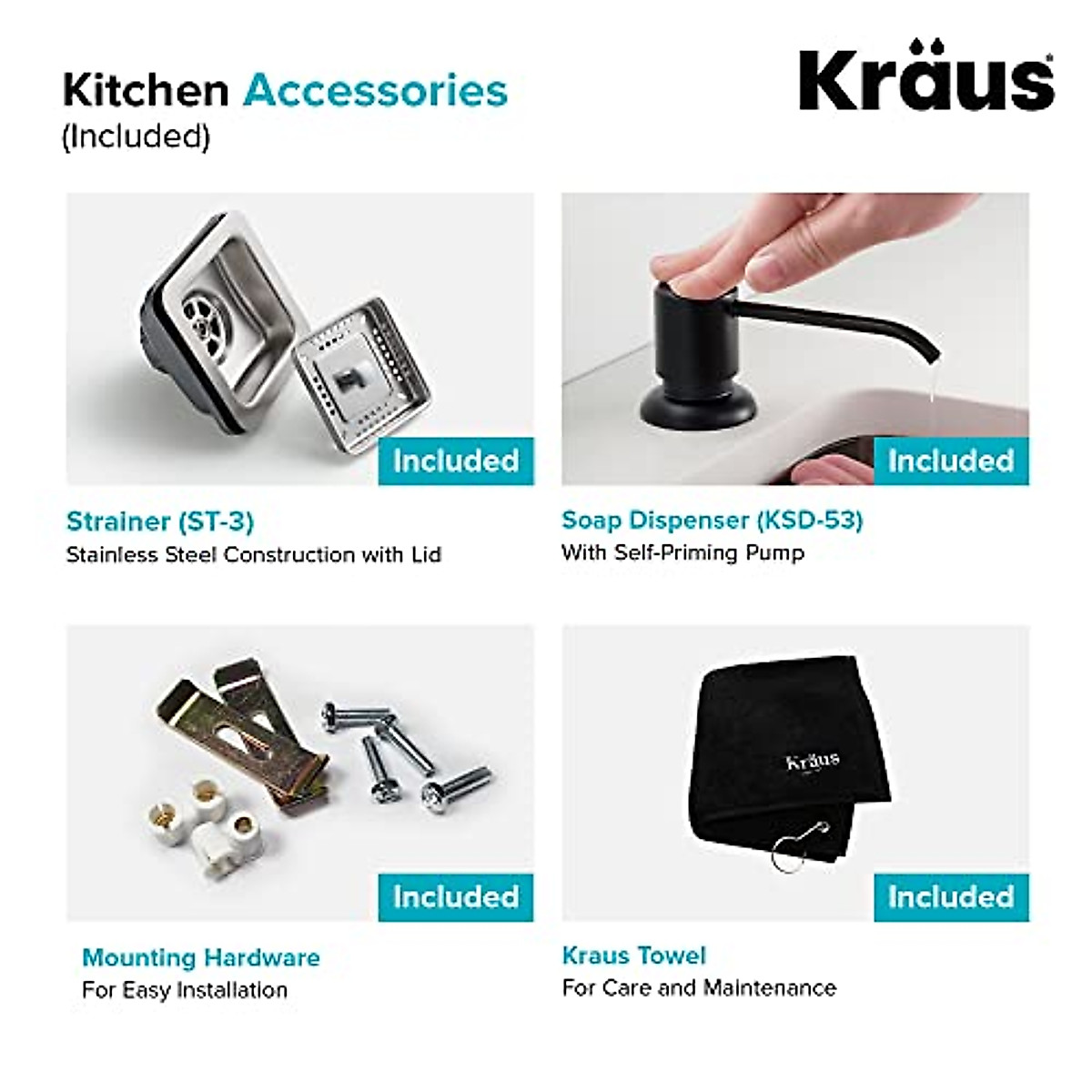 KRAUS 24-inch 18 Gauge Pax Laundry and Utility Sink Combo Set with Bolden 18-inch Kitchen Faucet and Soap Dispenser, Stainless Steel Matte Black KHU24L-1610-53SSMB