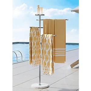 Natural Marble Outdoor Towel Rack with Weighted Base, KES 5-feet Outdoor Towel Rack for Hot Tub 18/8 Stainless Steel, Adjustable 3 Arms with Storage Tray, Brushed Finish OTR200-2