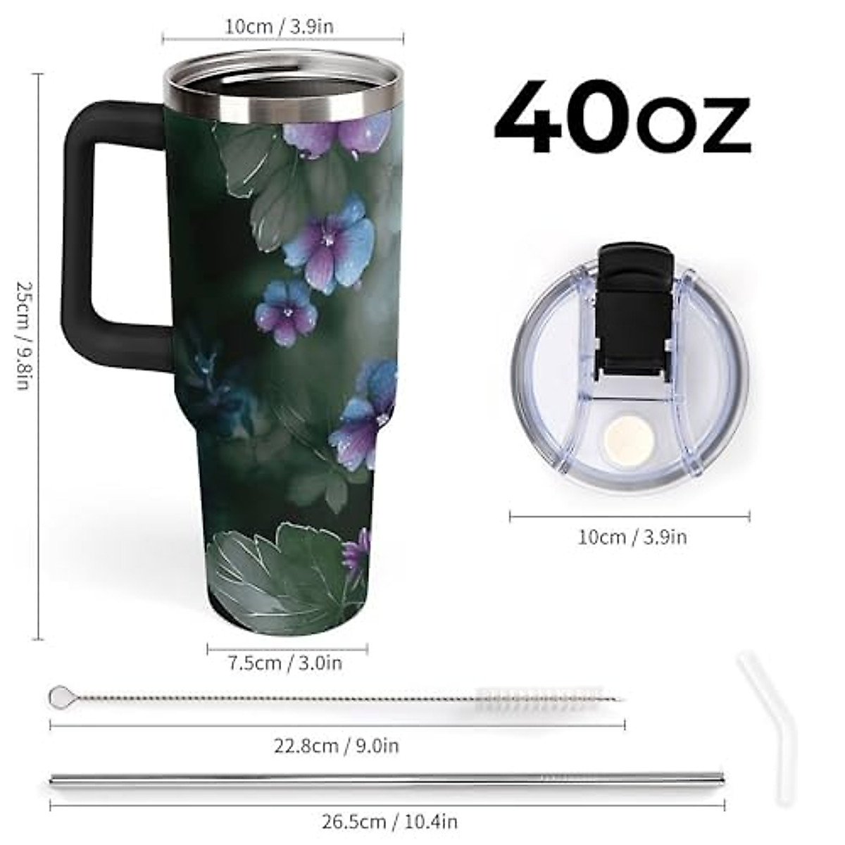 40 Oz Tumbler with Handle Blue Purple Flowers And Green Leaves Stainless Steel Coffee Mug Reusable Travel Mug Leak-proof Insulated Car Cup Large Capacity Tumbler for Travel, Outdoor, Home Use (Black)