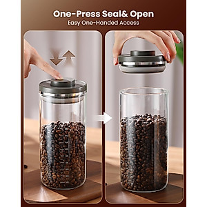 One-Press Button Coffee Canister with Airtight Lid, Borosilicate Glass Coffee Container with PP Silicone Lid, Food Storage Container for Grounds Coffee, 1lb Beans, Flour, Cereal, Sugar