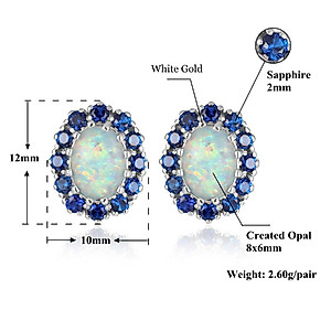 CiNily 14K White Gold Plated Created White Opal and Sapphire Stud Earrings for Women Oval Flower Gems Earrings 12mm