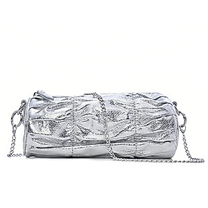 Evening Clutch Bag Shine Bright Metallic PU Crossbody Pleated Bag for Bridal Wedding Birthday Prom Party (Silver)