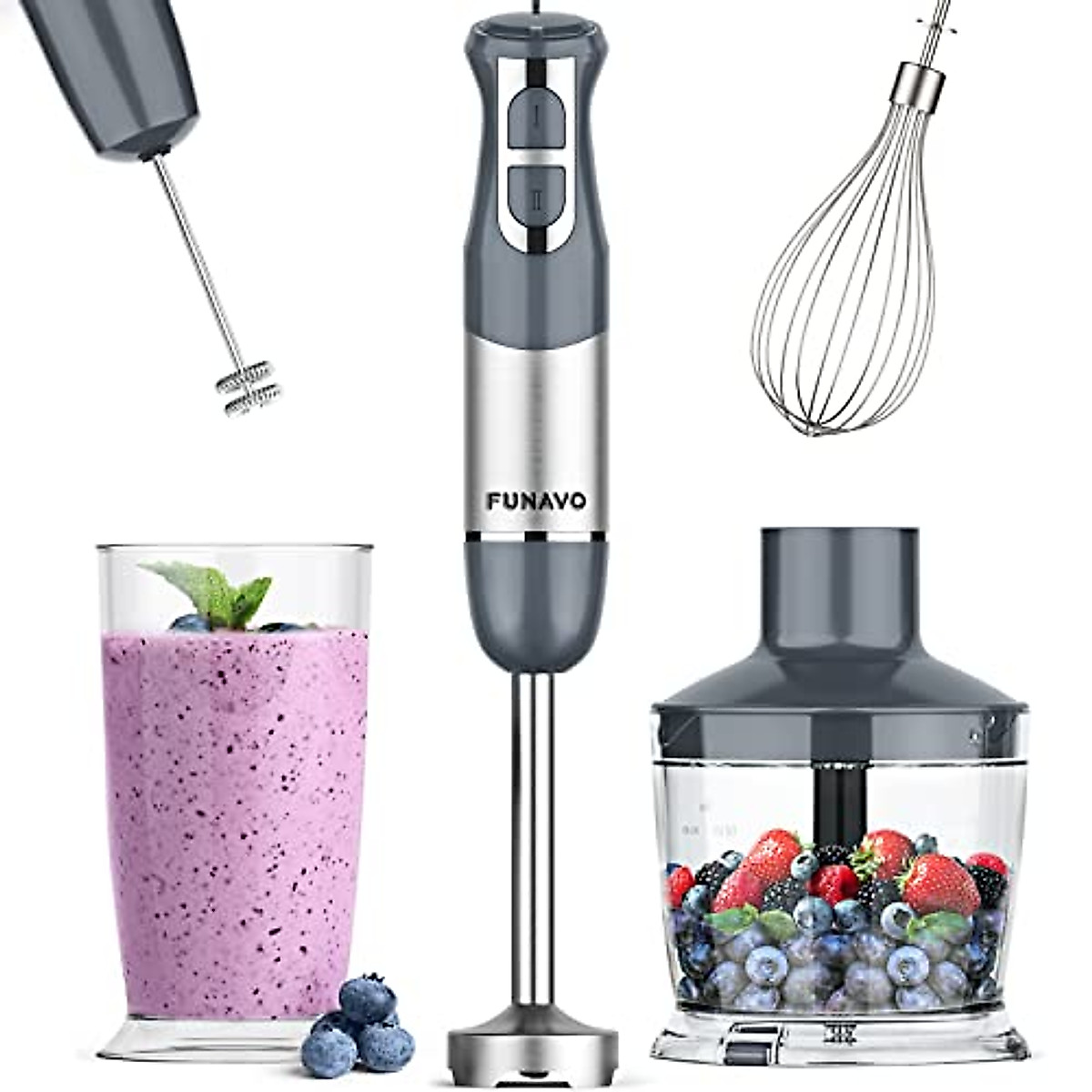 FUNAVO.vo Immersion Blender, 800W 5-in-1 Hand Blender 12 Speed 304 Stainless Steel Stick Blender with Turbo Mode, 600ml Beaker, 500ml Chopping Bowl, Whisk, Milk Frother, BPA-Free(Grey)
